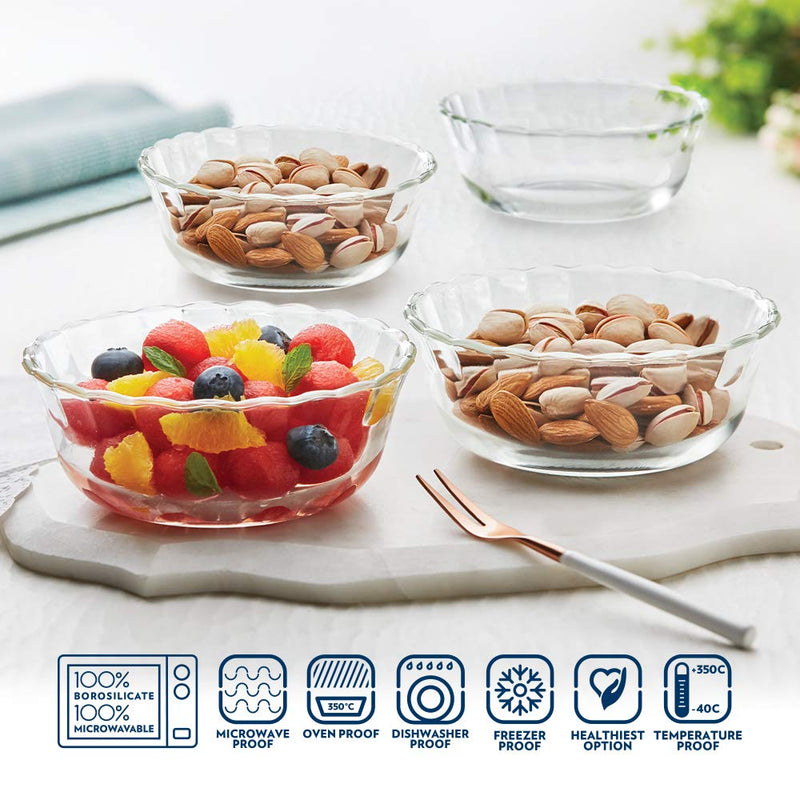 Borosil Designer 430 ML Bowl Set | Transparent | Set of 4 Pcs