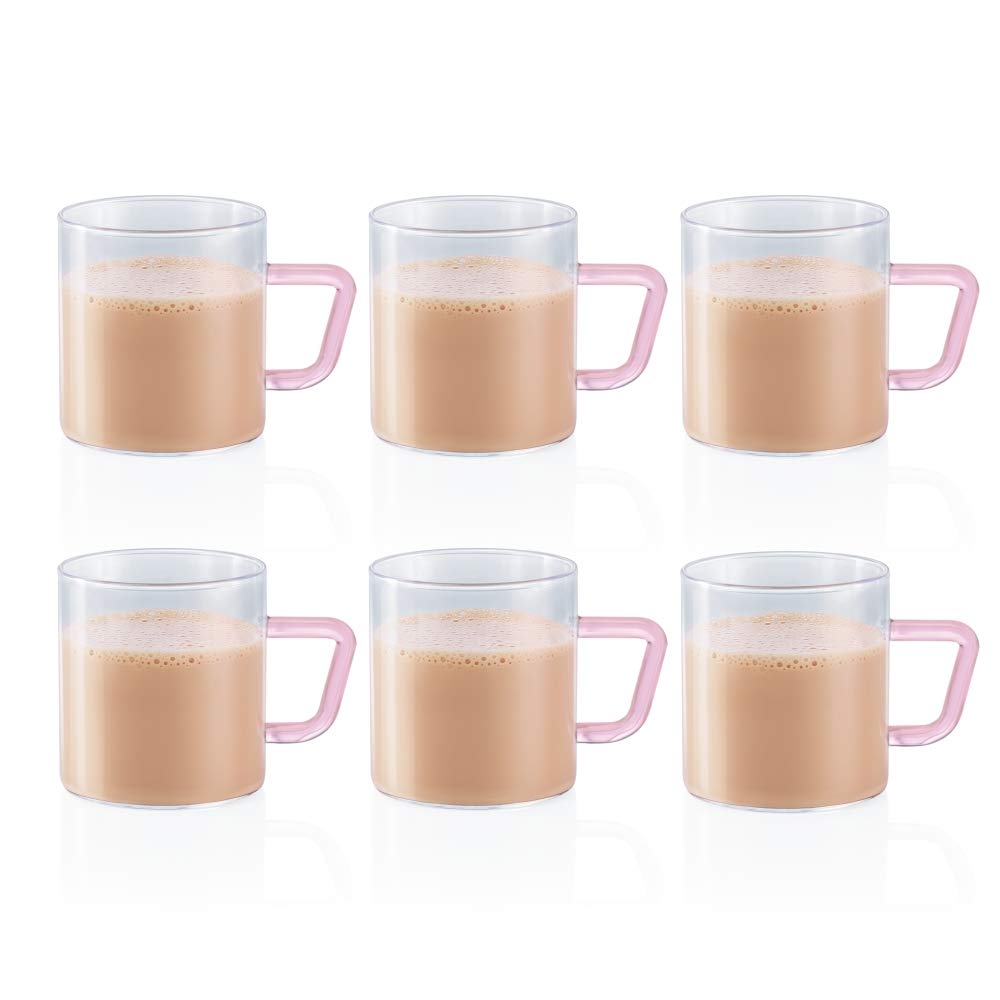 Borosil Vision Classic 190 ML Mug with Pink Handle | Transparent | Set