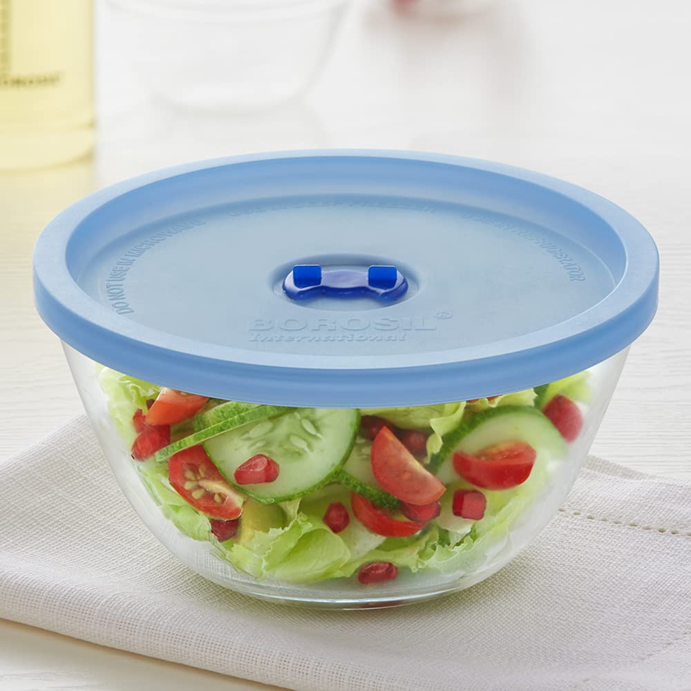 Borosil Glass Mixing & Serving Bowl with Blue Lid | Transparent | 1 Pc