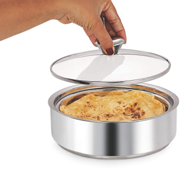 Borosil Servefresh Stainless Steel Insulated Roti Server with Glass Li
