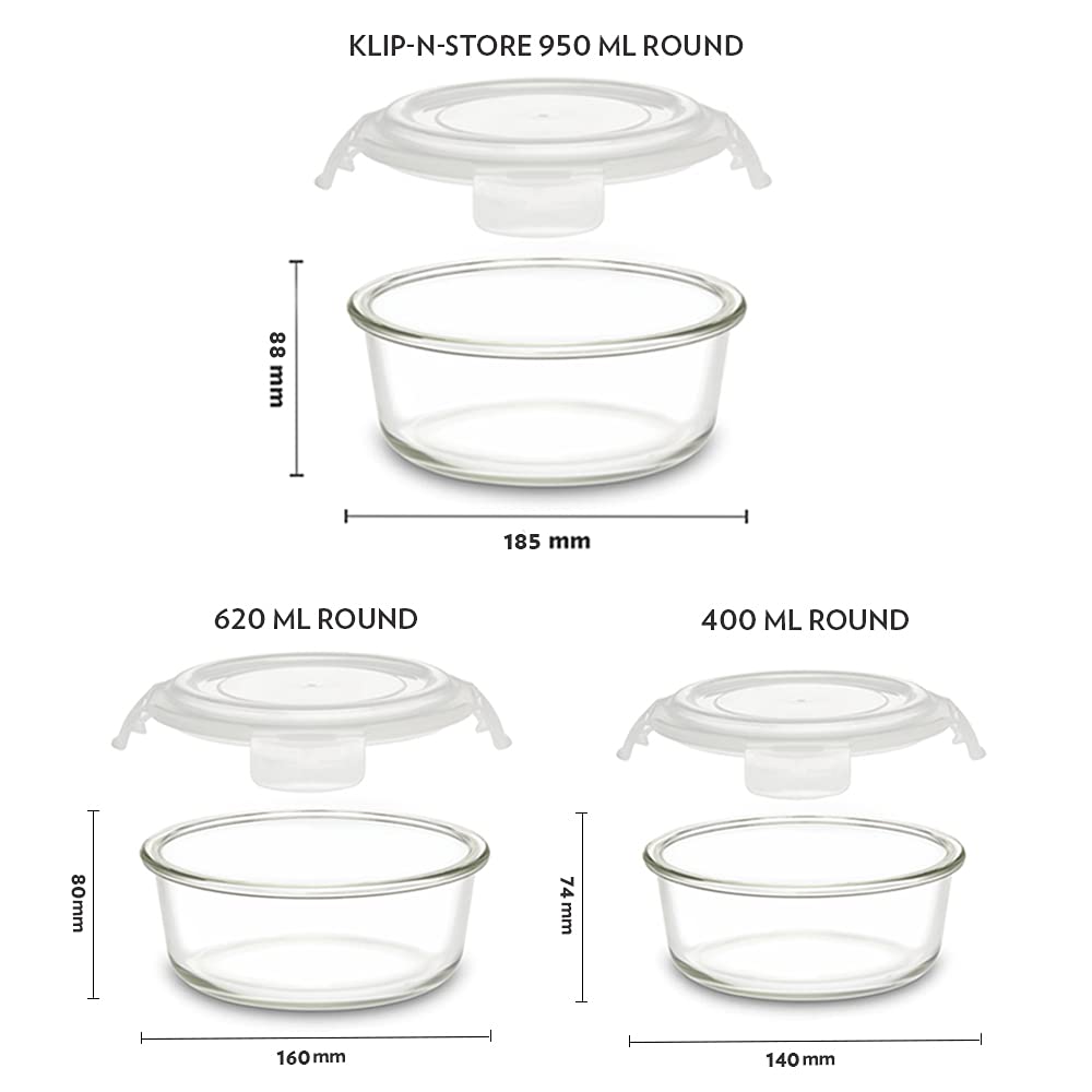 Borosil Klip n Store 400 ML + 620 ML + 950 ML Round Glass Container