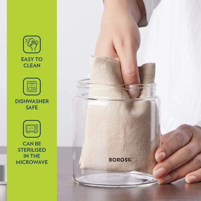 Borosil Endura 1200 ML Airtight Glass Storage Jar Set with Stainless S