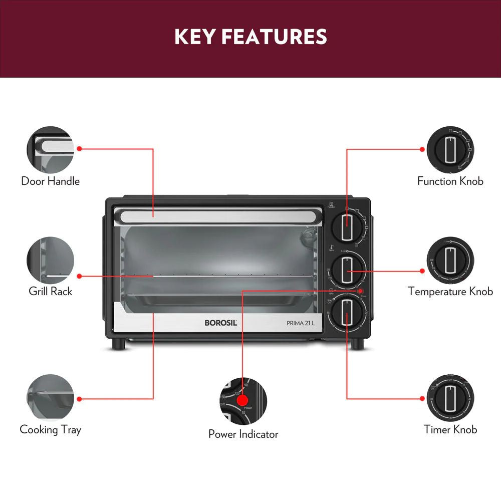 Borosil Prima 21 Litres Oven Toaster Griller | Convection Heating | 5