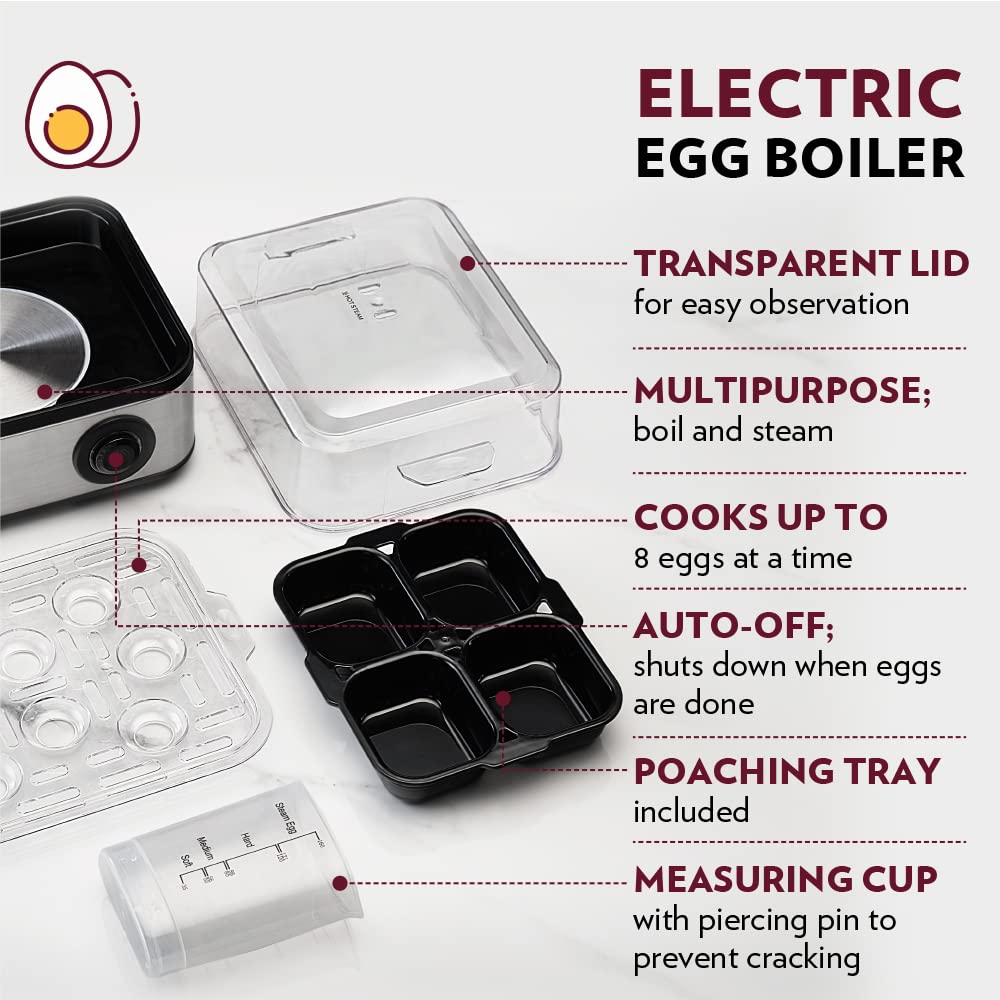 Borosil Electric Plus 500 Watts Egg Boiler with Transparent Lid | 8 Eg