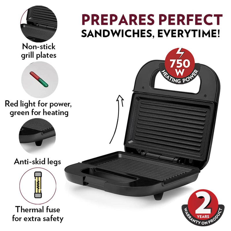 Borosil Novus 2 Slice 750 Watts Grill Sandwich Maker | Silver & Black