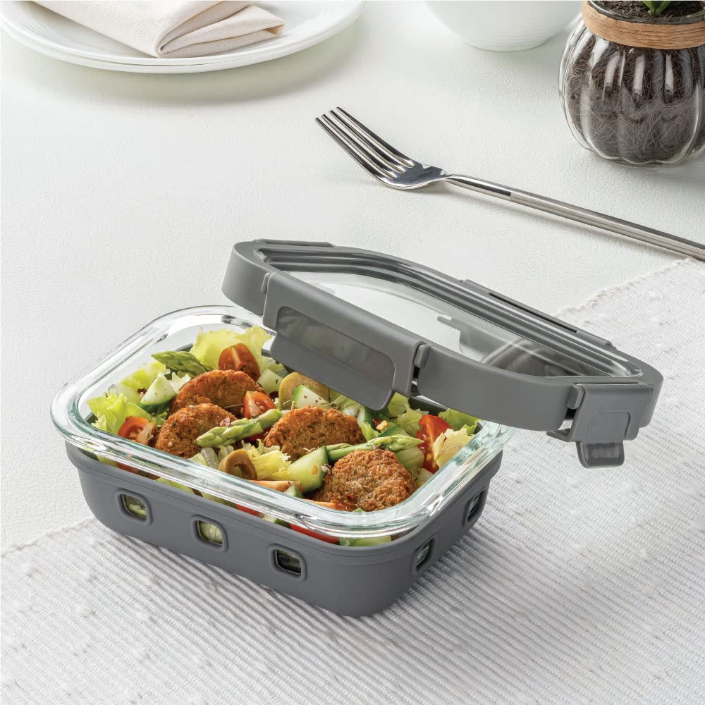 Borosil Klip n Store Plus Rectangular Glass Container | Grey | 1 Pc
