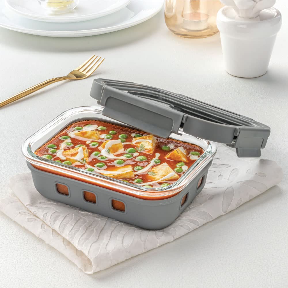 Borosil Klip n Store Plus Rectangular Glass Container | Grey | 1 Pc