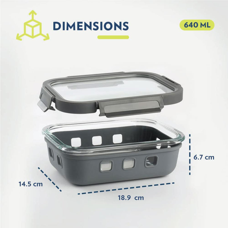 Borosil Klip n Store Plus Rectangular Glass Container | Grey | 1 Pc