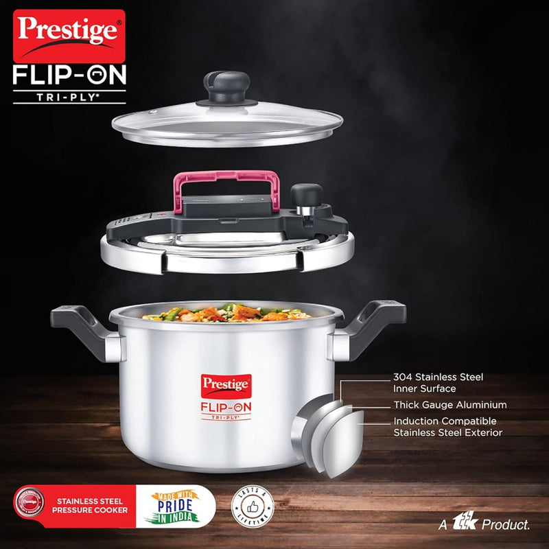 Prestige FLIP-ON Tri-Ply Stainless Steel 22 CM Pressure Cooker with Gl