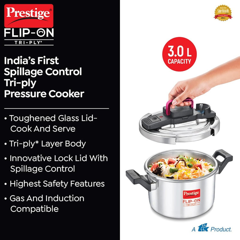 Prestige FLIP-ON Tri-Ply Stainless Steel 18 CM 3 Litre Pressure Cooker
