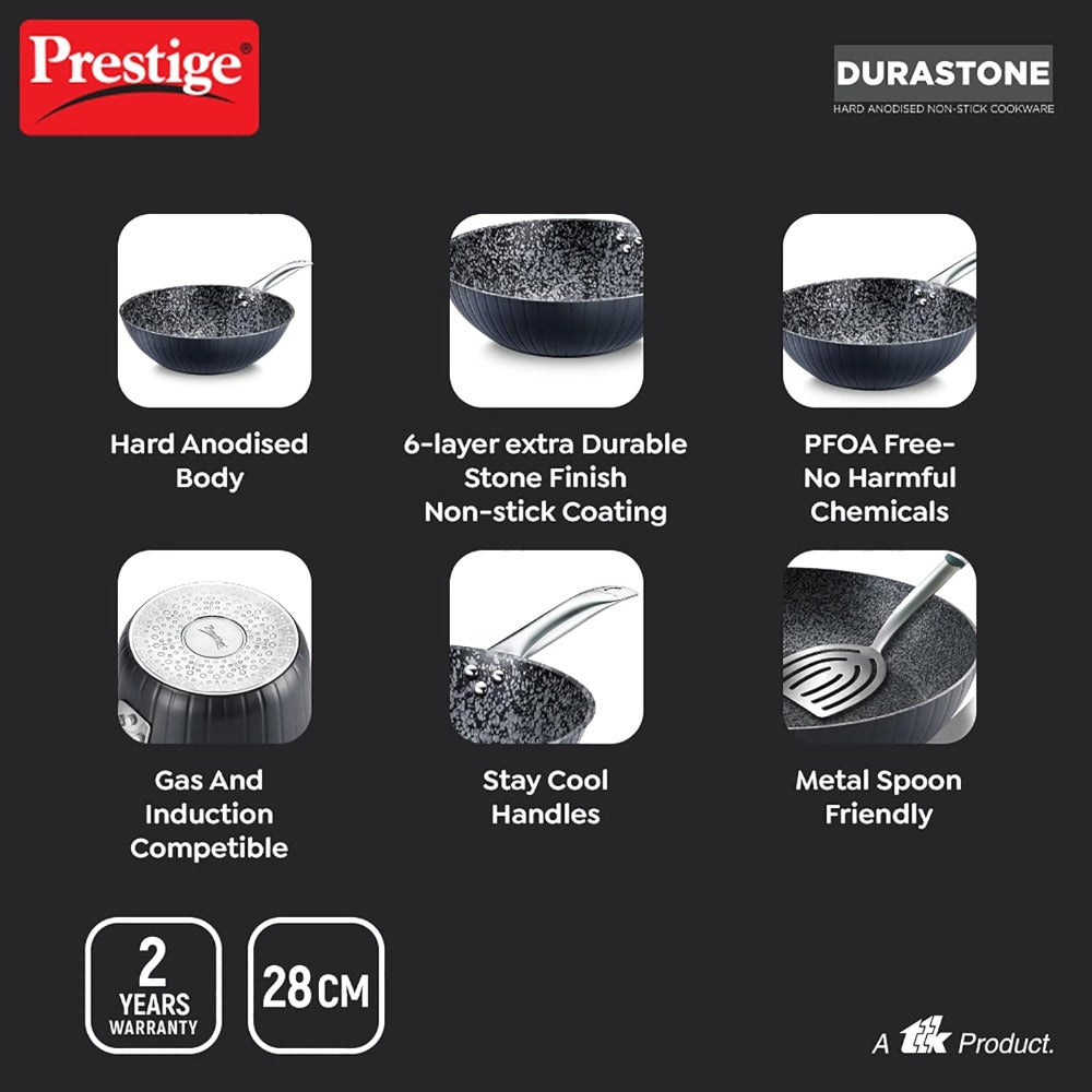 Prestige Durastone 28 CM Hard Anodised 6 Layer Non-Stick Kadhai | Indu