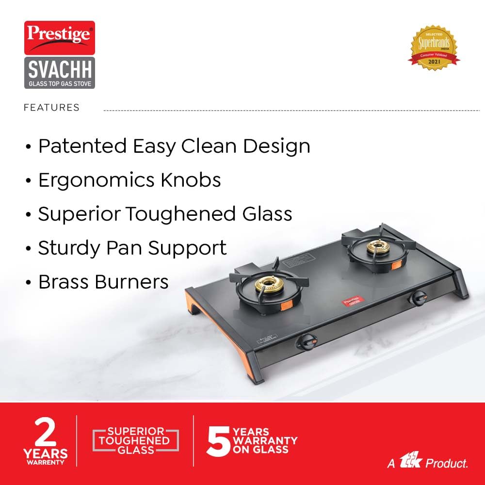 Prestige Svachh Glass Top 2 Burners with Liftable Burner Gas Stove | B