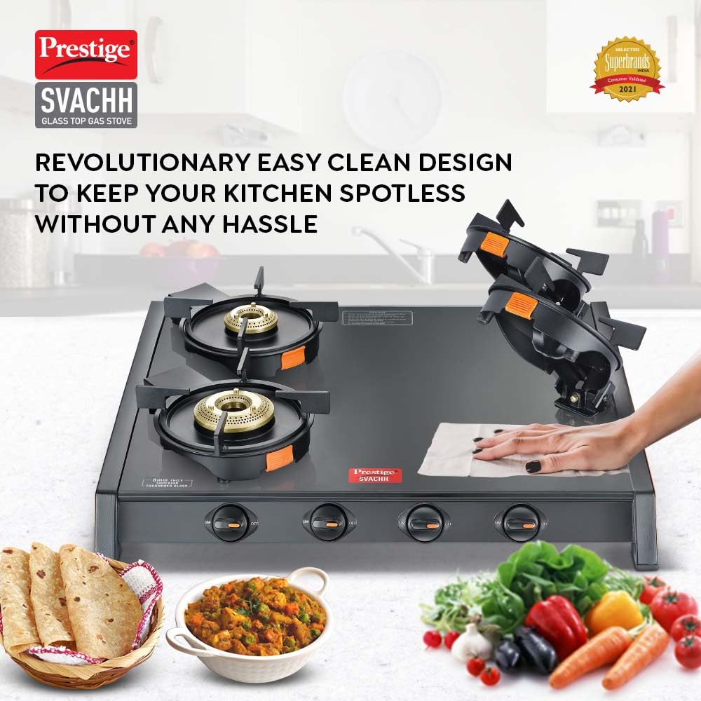 Prestige Svachh Glass Top 4 Burners with Liftable Burner Gas Stove | B