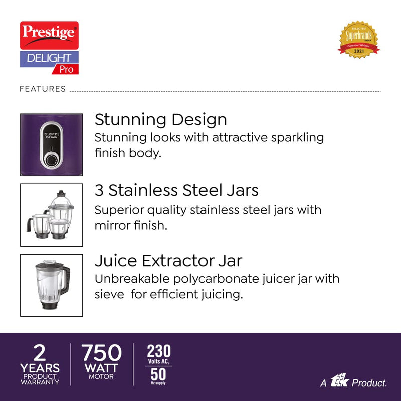 Prestige Delight Pro 750 Watt Mixer Grinder with 6 Jars | Purple