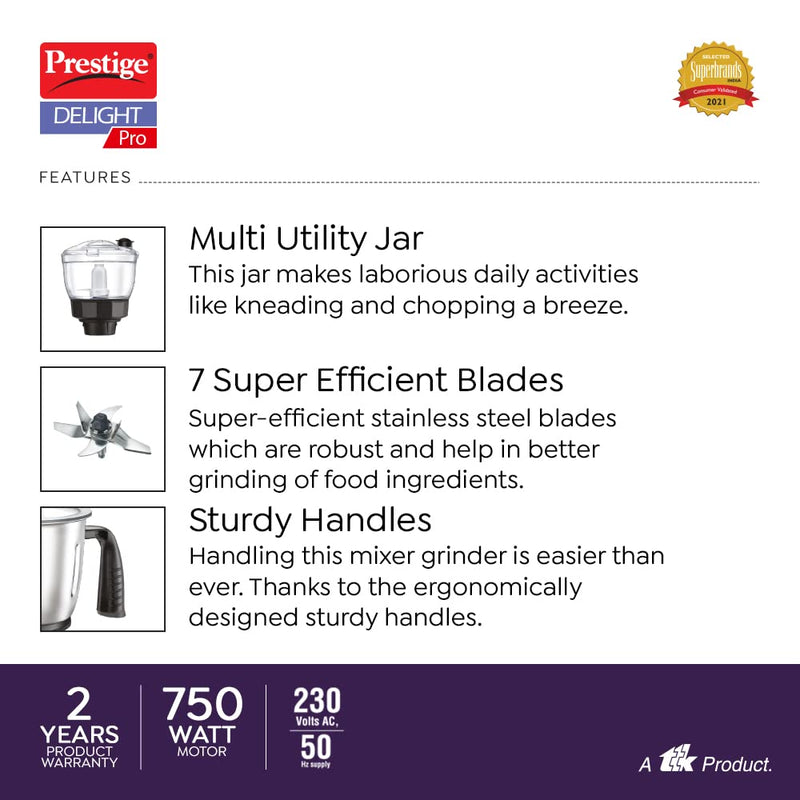 Prestige Delight Pro 750 Watt Mixer Grinder with 6 Jars | Purple