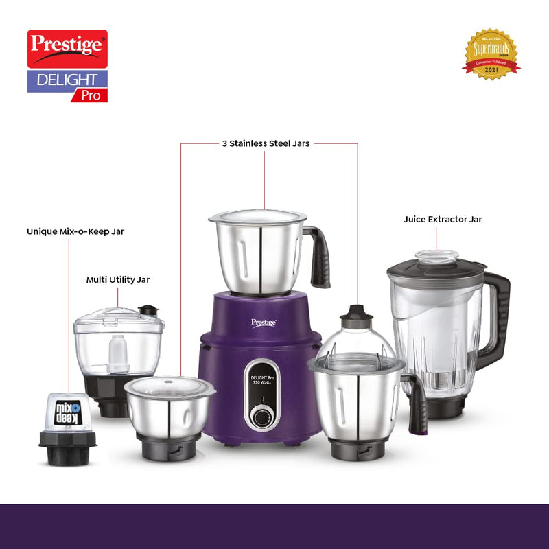 Prestige Delight Pro 750 Watt Mixer Grinder with 6 Jars | Purple