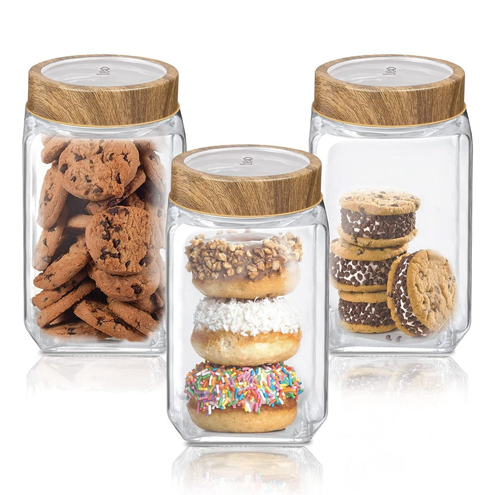 Treo Woody Cube Jar 800 ML Storage Glass Jar | Transparent | Set of 3