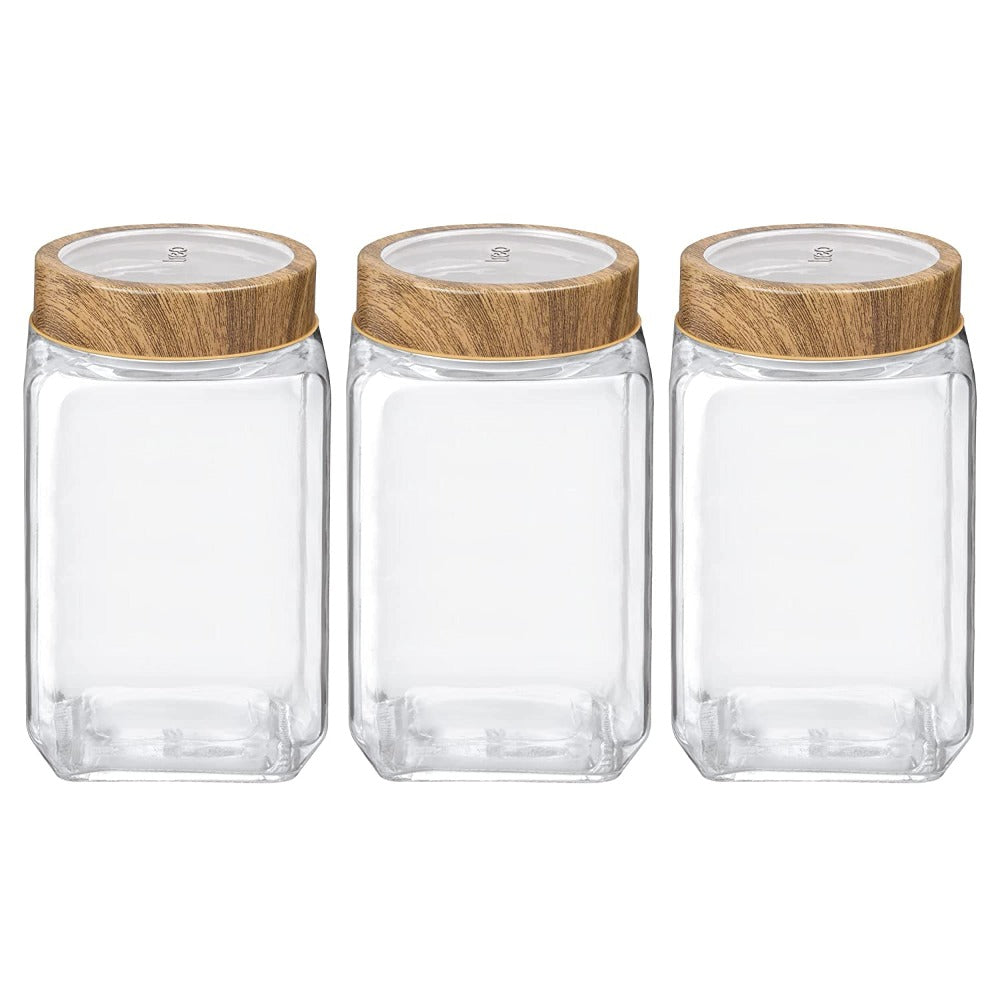 Treo Woody Cube Jar 800 ML Storage Glass Jar | Transparent | Set of 3