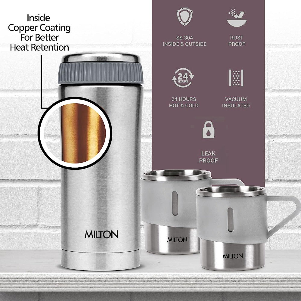 Milton Tea Gift Set - Optima 420 Flask + 210 ML Mug | Silver | Set of