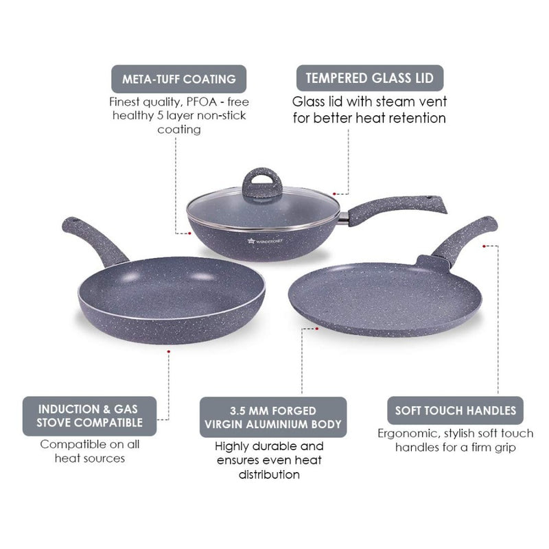 Wonderchef Granite Non-stick Cookware Set | Induction Compatible | Gre