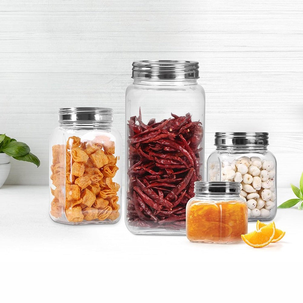 Treo Square Glass Storage Jar with Steel Lid | Transparent | 1 Pc ...