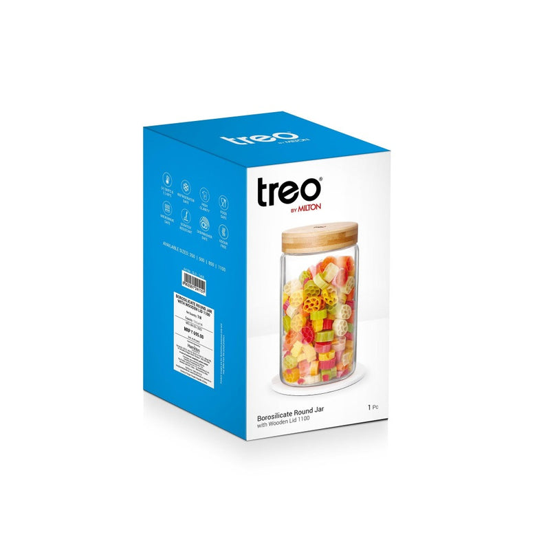 Treo Borosilicate Round Storage Glass Jar with Wooden Lid | Transparen