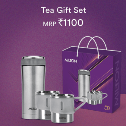 Milton Tea Gift Set - Optima 420 Flask + 210 ML Mug | Silver | Set of