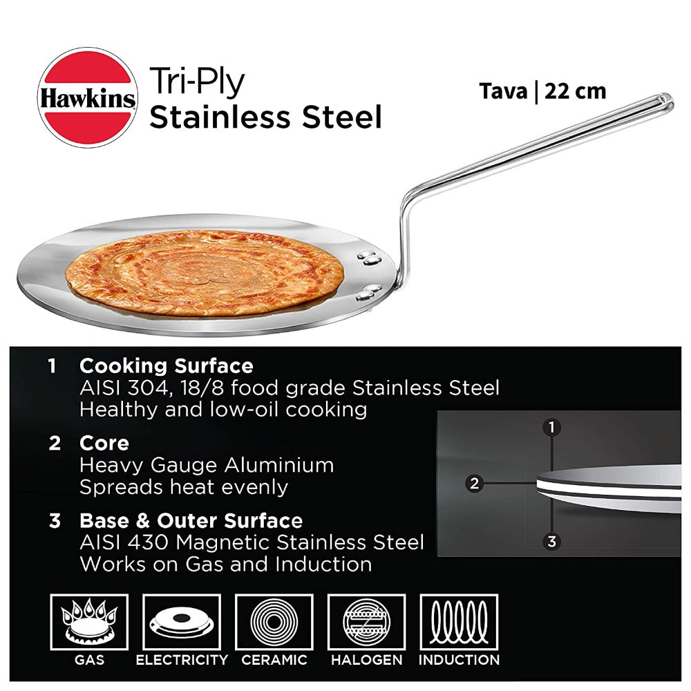 Hawkins Tri-Ply Stainless Steel Tawa | Induction Compatible | Silver