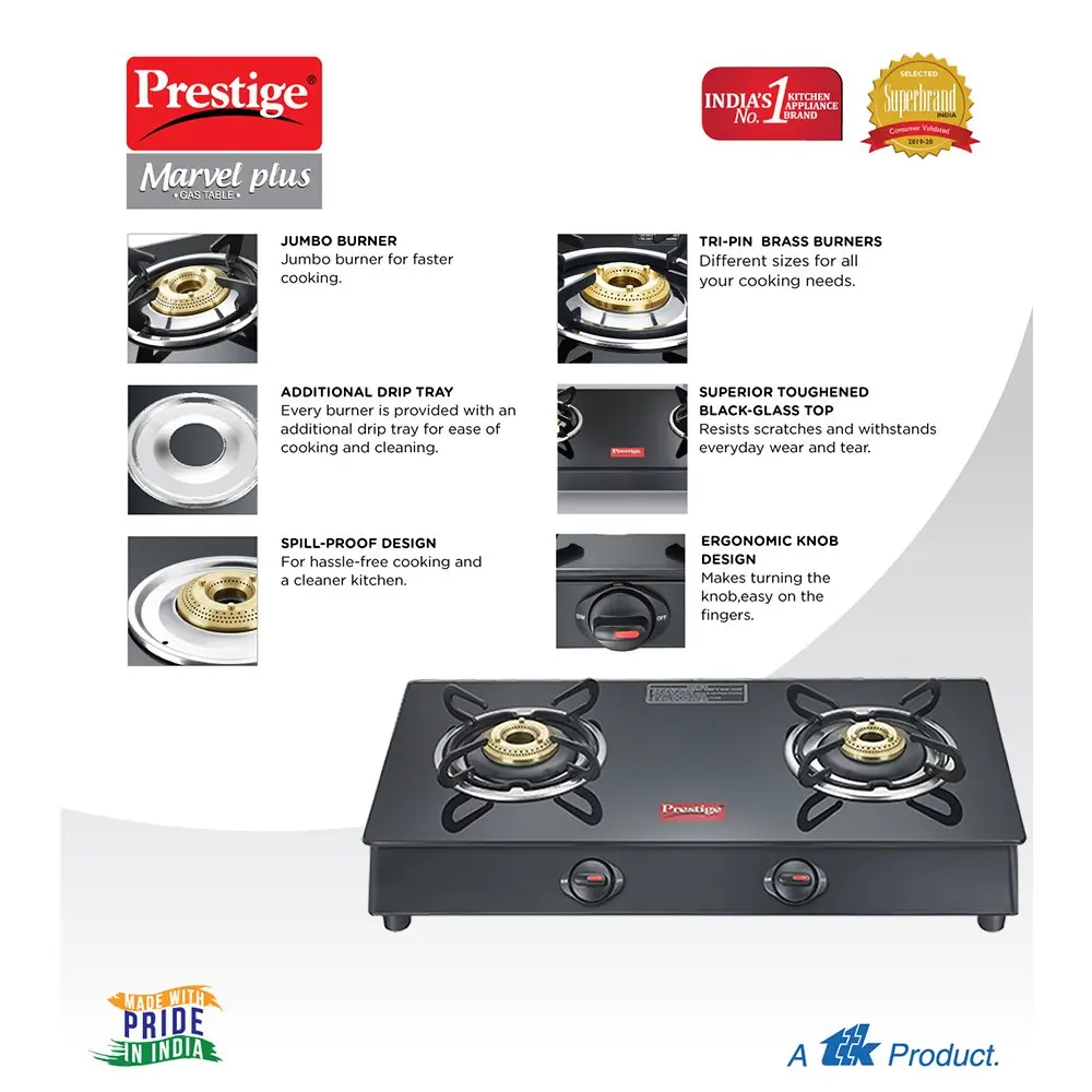 Prestige Marvel Plus GTM02 Toughened Glass Top 2 Burners Gas Stove | B
