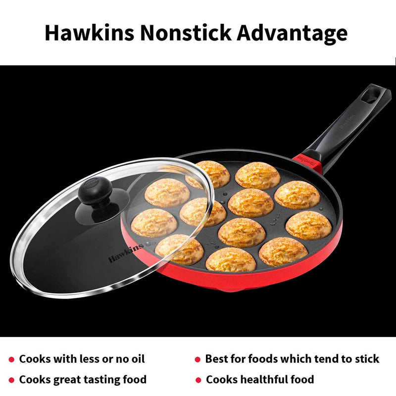 Hawkins Nonstick 22 cm Appam Pan with Glass Lid | Black & Red
