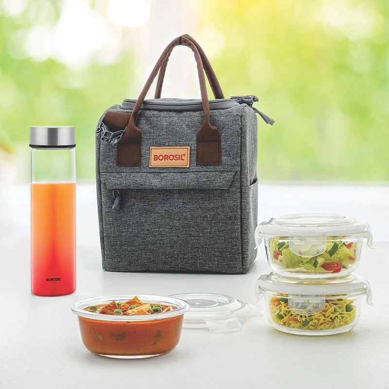 Borosil Glass Pro 3 Containers Lunch Box With Glass Bottle Lunch Bag Borosil Glass Pro 3 Containers Lunch Box With Glass Bottle Lunch Bag