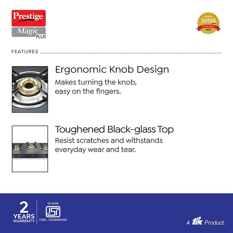 Prestige Magic Plus 3 Burner Powder Coated Toughened Glass Top LP Gas