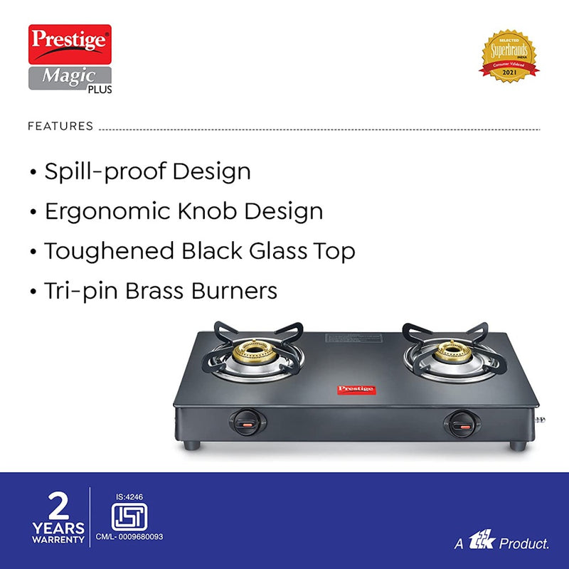 Prestige Magic Plus 2 Burner Powder Coated Toughened Glass Top LP Gas