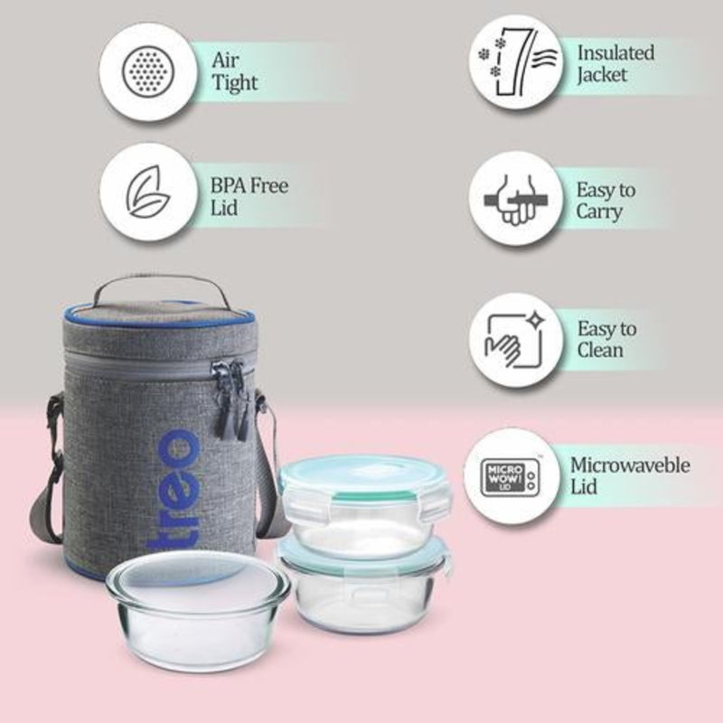 Treo All Fresh 380 ML Borosilicate Glass Round Container Tiffin Box wi