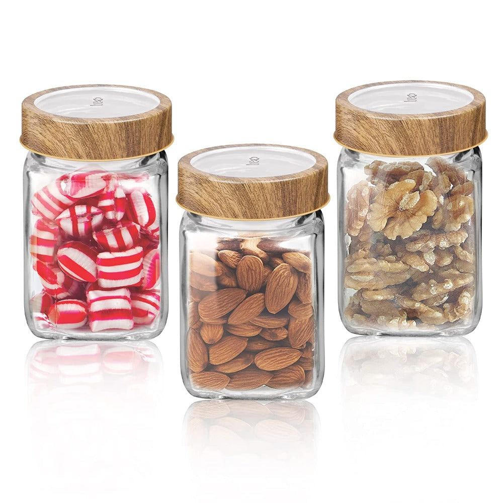 Treo Woody Cube 310 ML Storage Glass Jar | Transparent | Set of 3 and