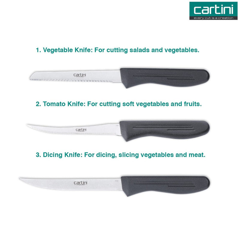 Godrej Cartini Stainless Steel Kitchen Knife Kit | Black | Set of 3 Pc