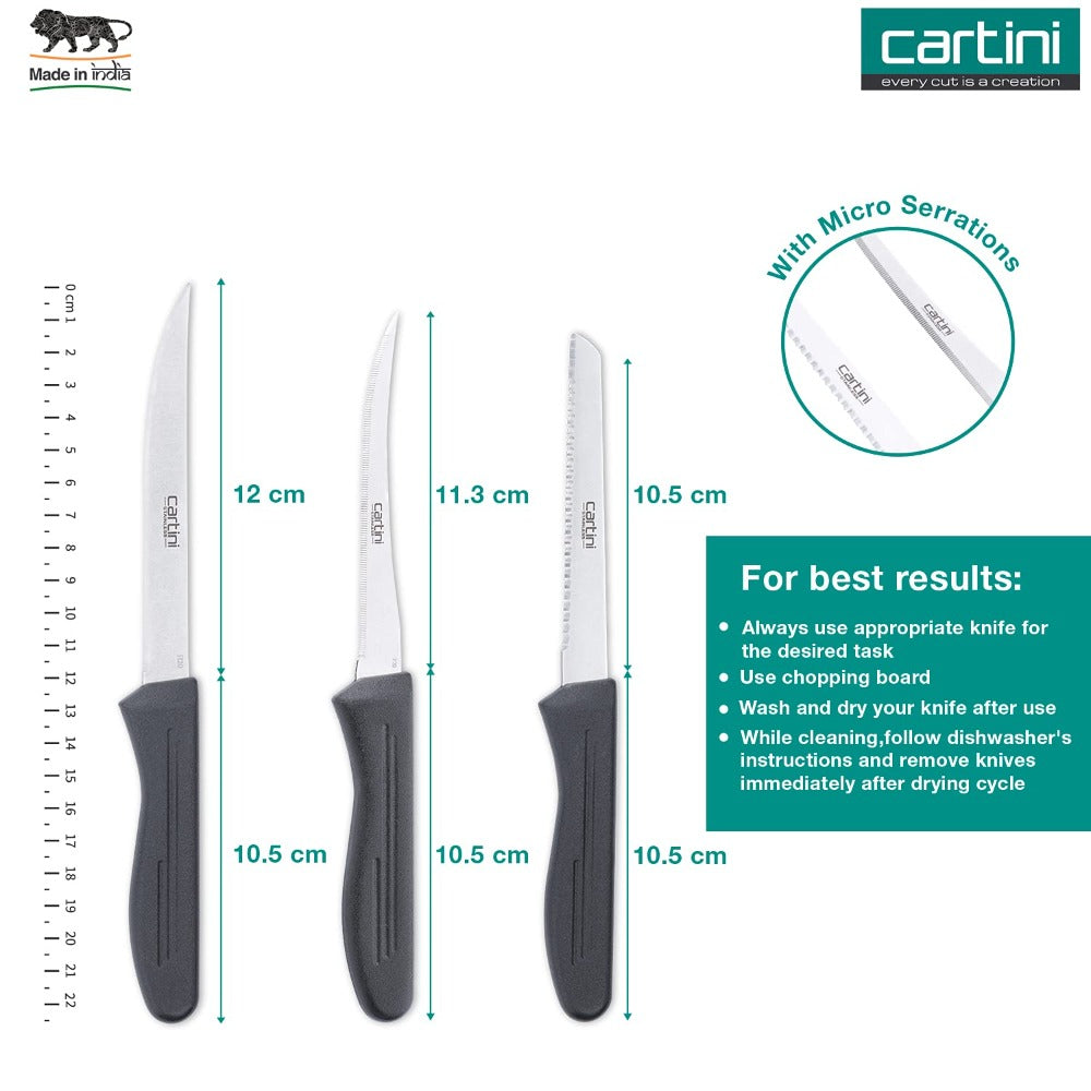 Godrej Cartini Stainless Steel Kitchen Knife Kit | Black | Set of 3 Pc