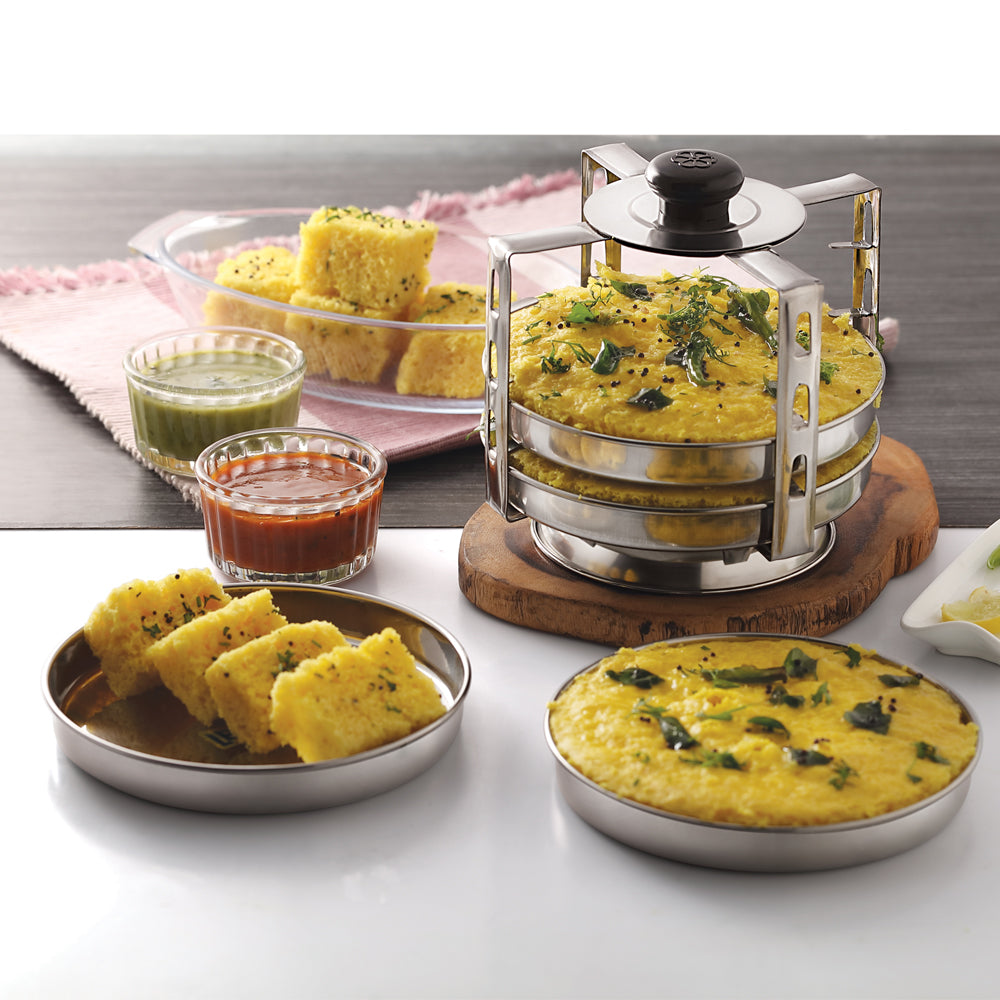 Komal Stainless Steel Dhokla Stand with 4 Plates | Hawkins Type | Silv