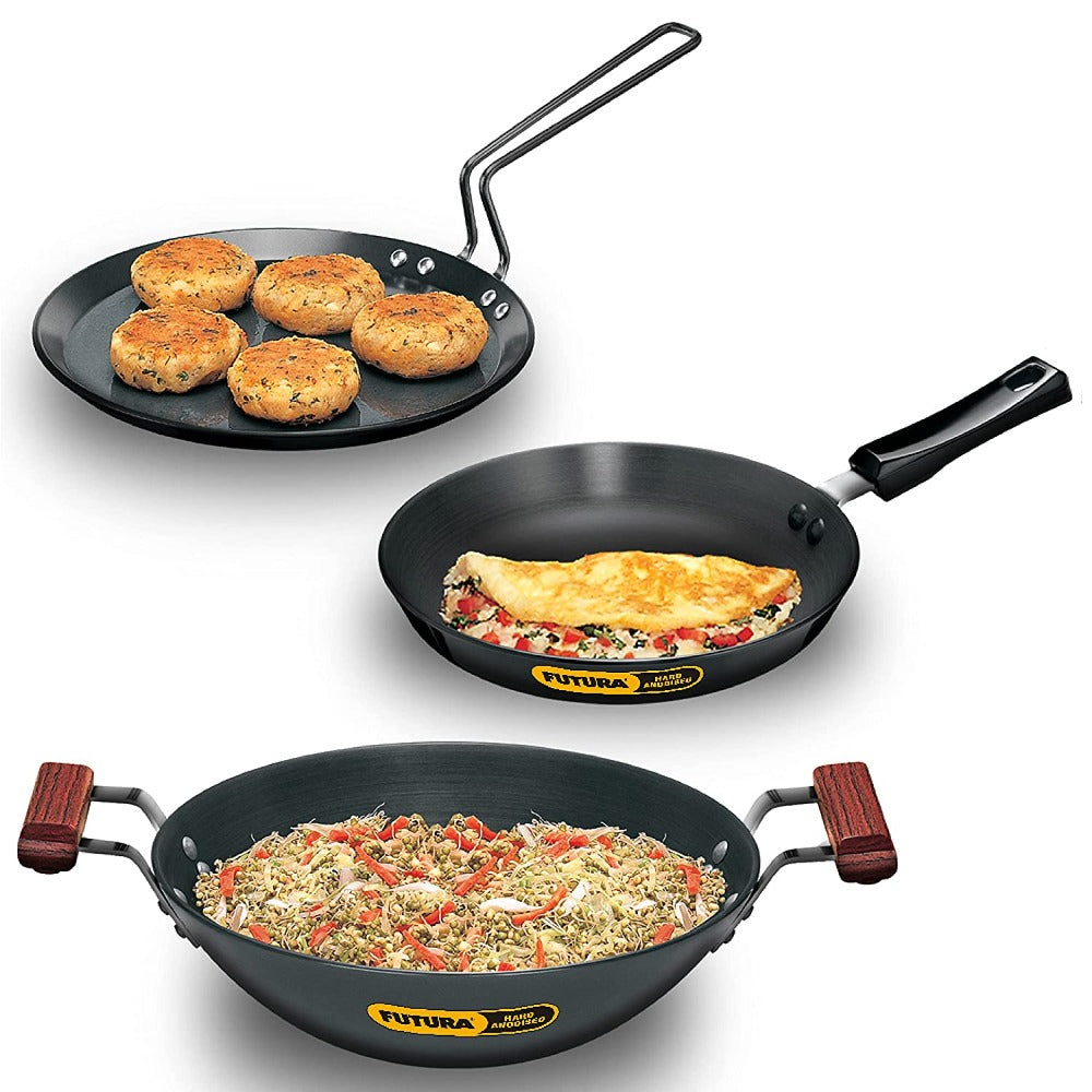 Hawkins Futura Hard Anodised Cookware Set - Flat Tava + Frying Pan + K
