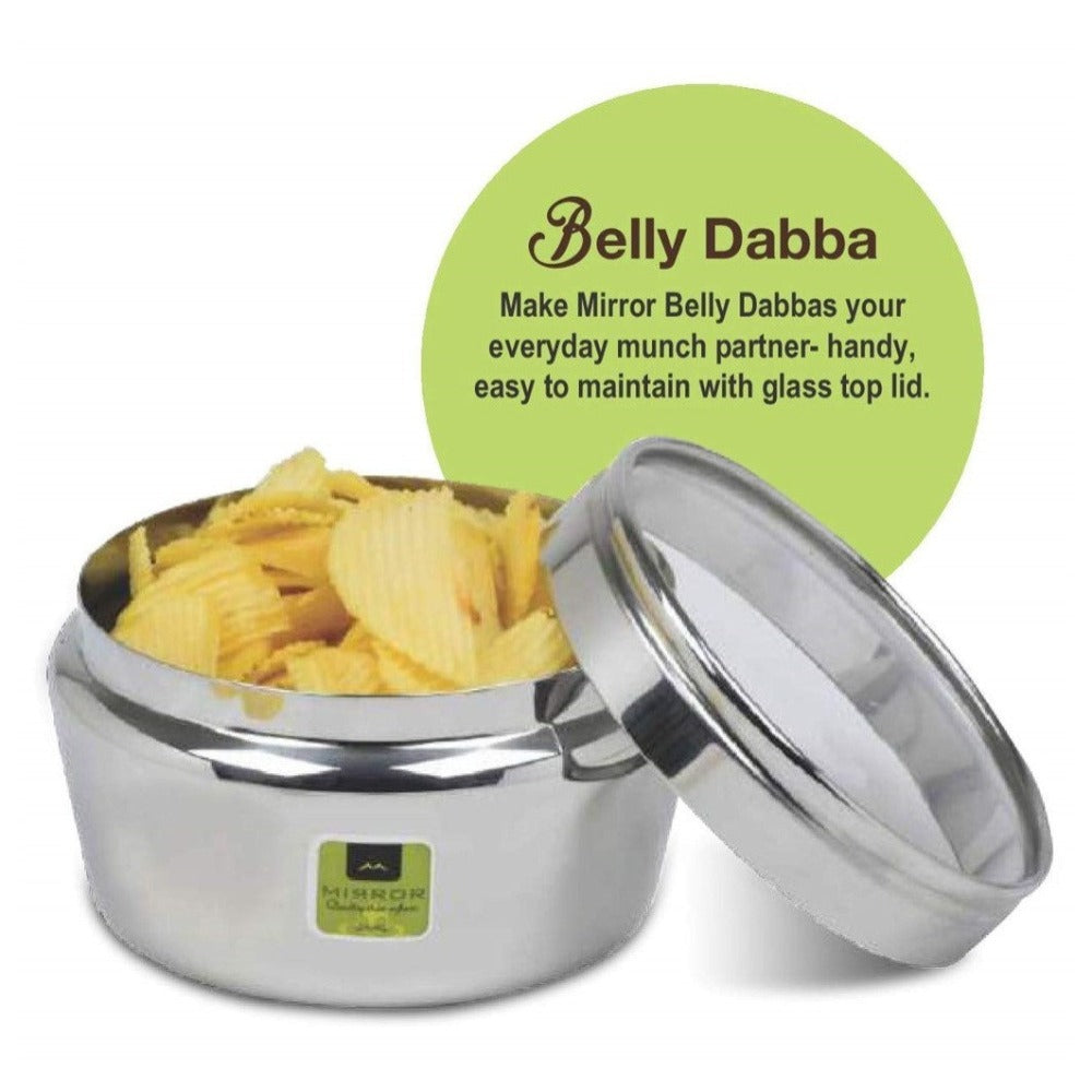 Mirror Stainless Steel Belly Dabba with See Through Glass Lid | Silver