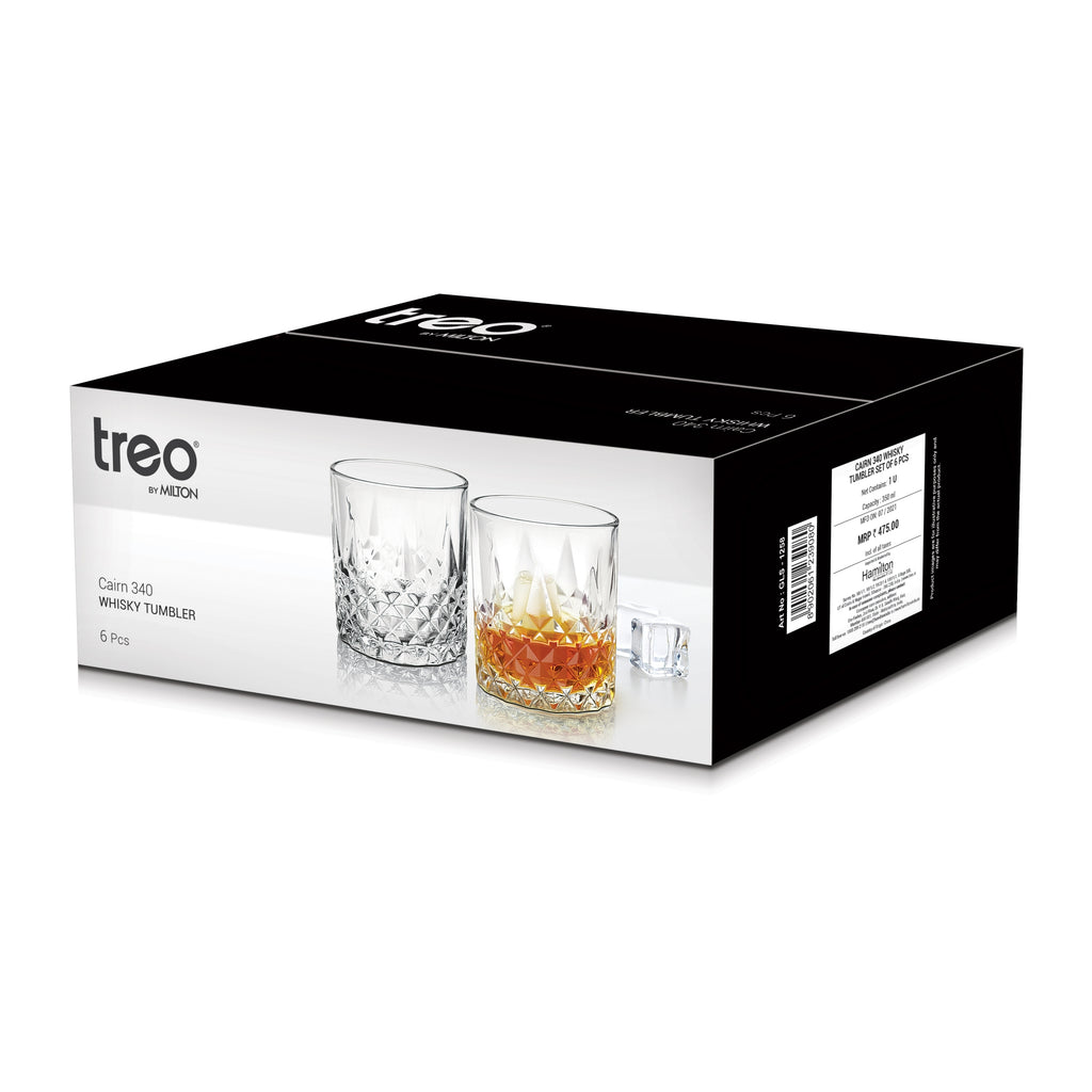 Treo Cairn Whiskey Glass Tumbler 340 ML | Transparent | Set of 6 Pcs