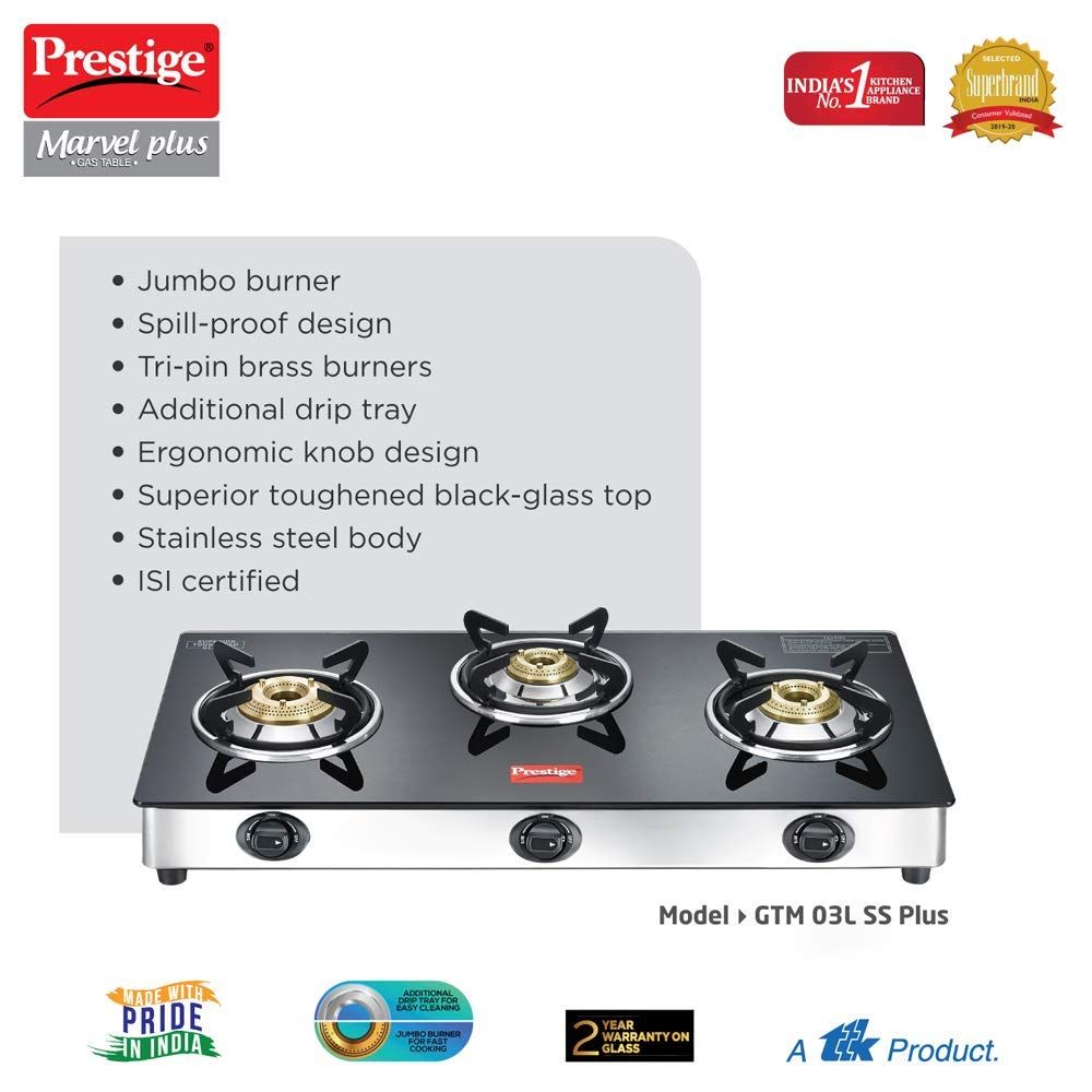 Prestige Marvel Plus Stainless Steel 3 Burner Glass Top Gas Stove | Bl