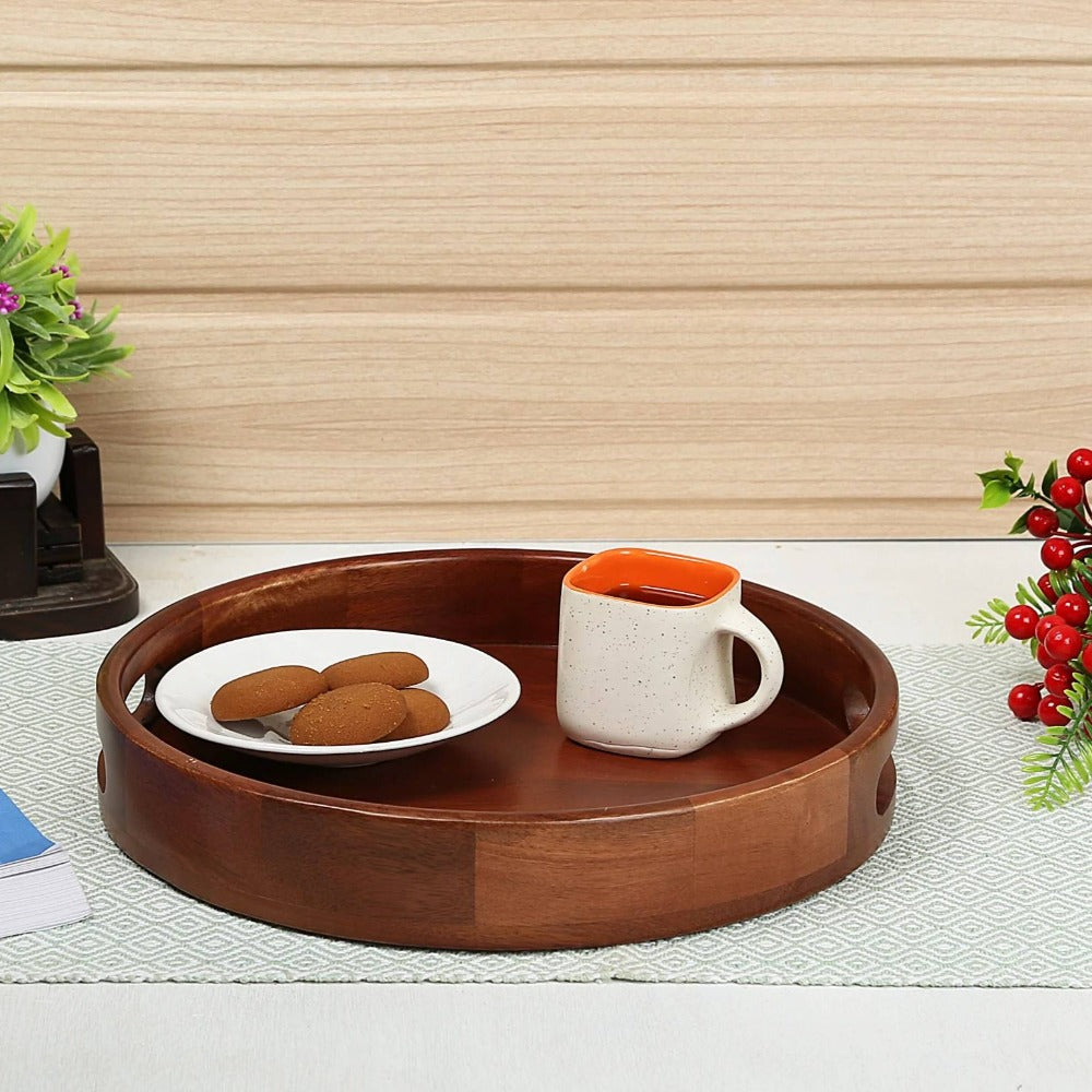 Softel Classic Round Wooden Tray for Serving, Dining Table Organizer,