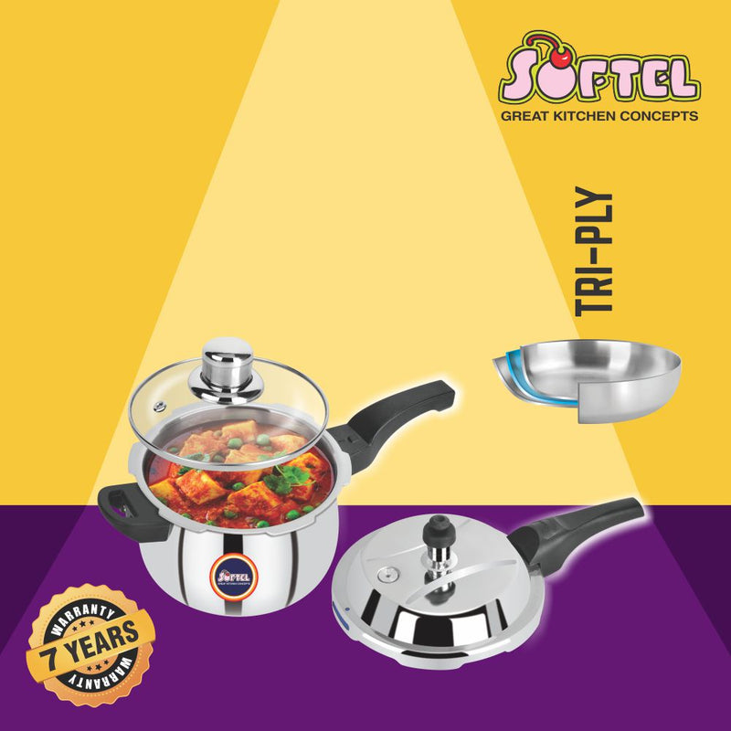 Softel Tri-Ply Stainless Steel Handi Pressure Cooker with Glass Lid